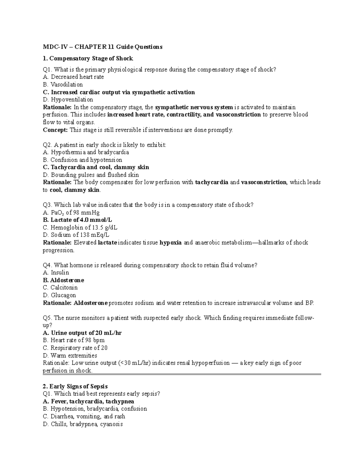 Chapter 11 (Shock) Study Guide: Compensatory Stage & Early Sepsis - Studocu
