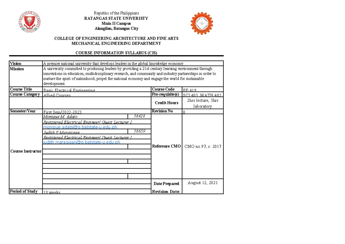 Basic Electrical Engineering Syllabus EE 419 for 2022-2023 - Studocu