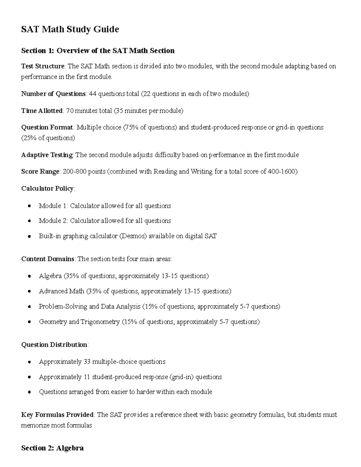 SAT Math Study Guide: Overview & Key Concepts for Success - Studocu