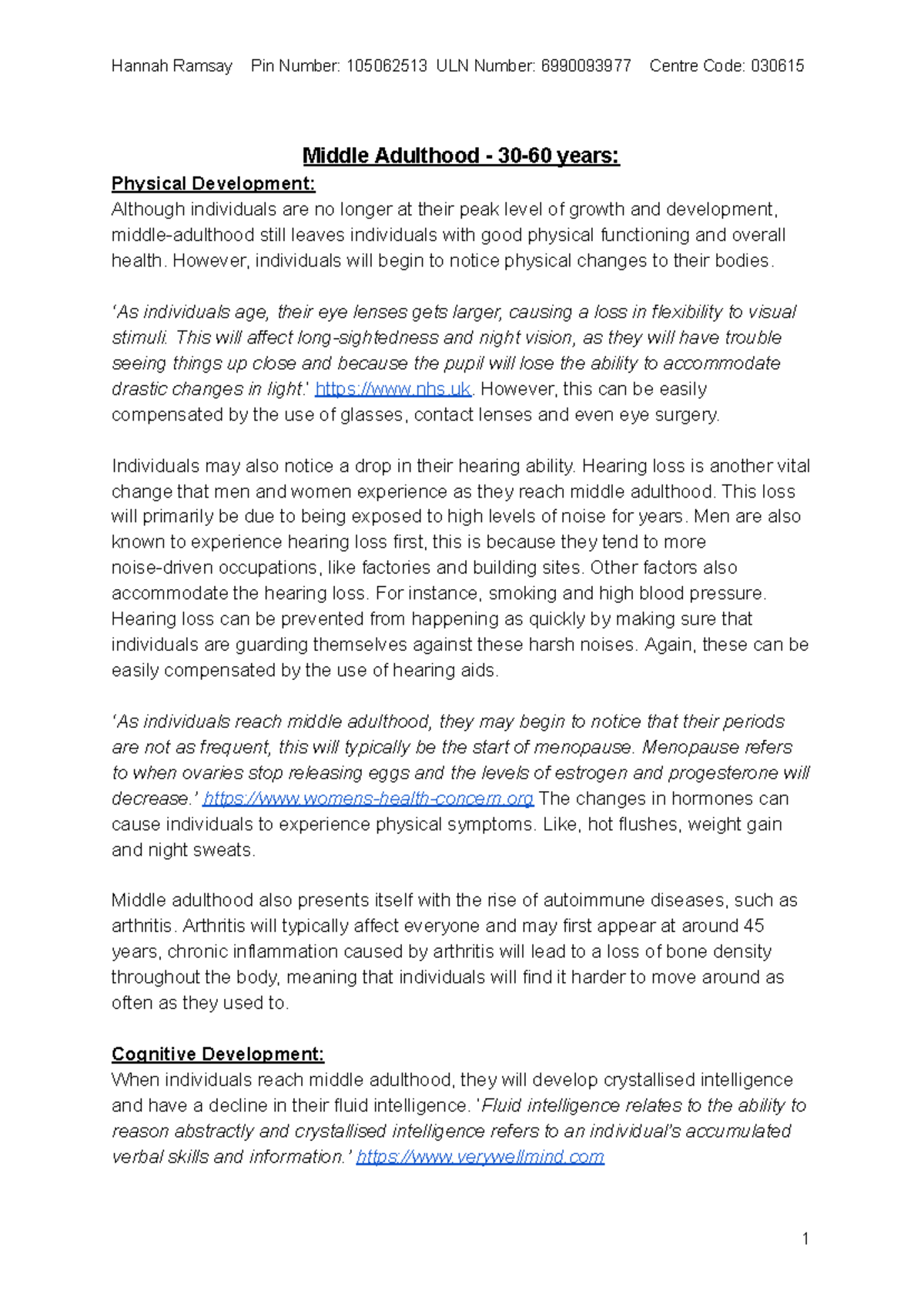 Human Growth 2 - HSC - Middle Adulthood - 30-60 years: Physical ...