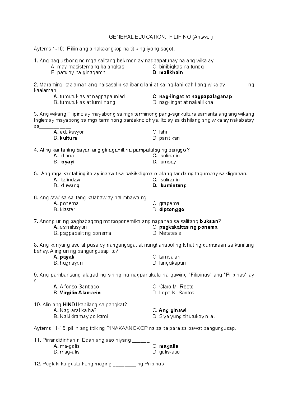 GEN ED Filipino Quiz Answers and Explanations - Studocu