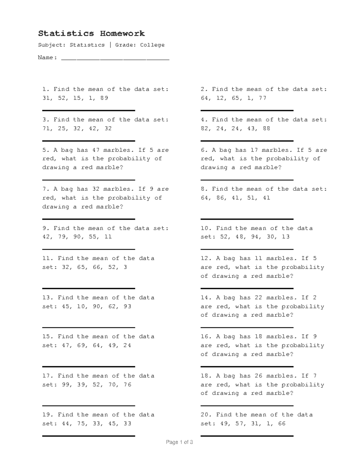 Statistics Homework 2: Mean & Probability Problems - Studocu