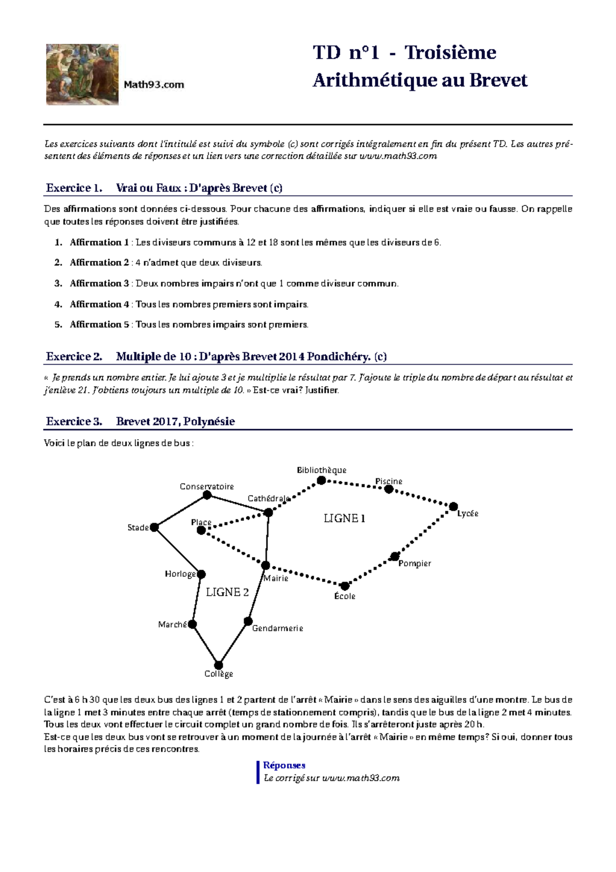 TD Troisième Arithmétique au Brevet - Exercices et Corrigés - Studocu