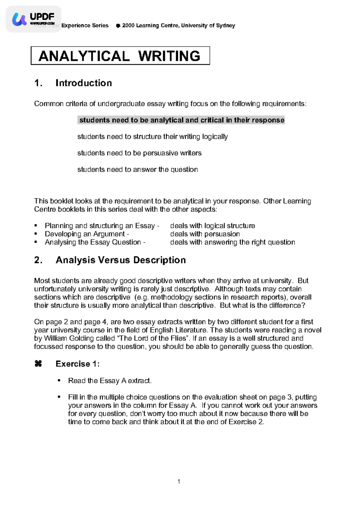 Analytical Writing Guide for First Year Students (ENG101) - Studocu