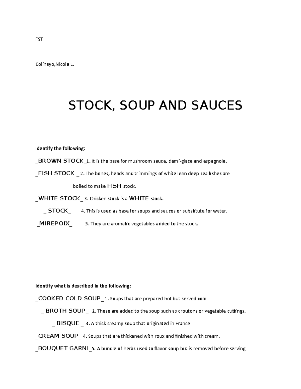 UNIT4- FST - Cooking - FST Colinayo,Nicole L. STOCK, SOUP AND SAUCES ...