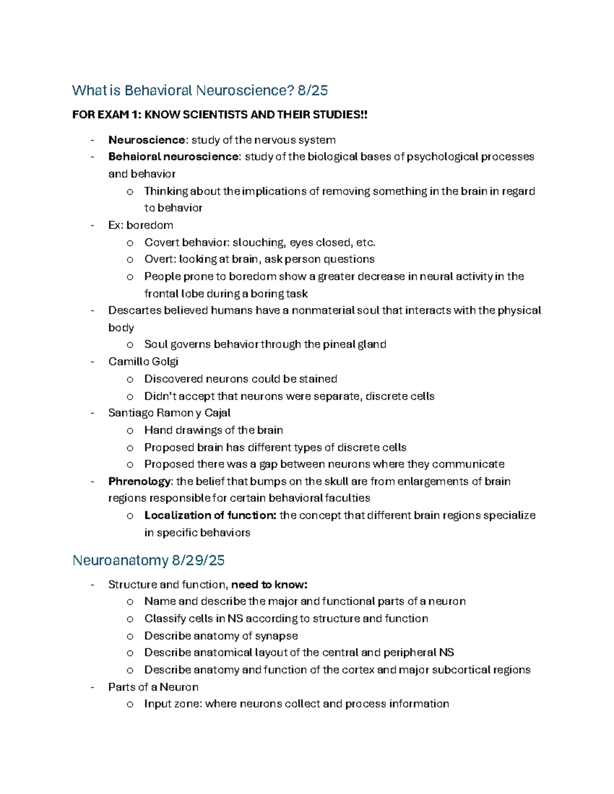 Behavioral Neuroscience Overview: Key Concepts for Exam 1 - Studocu
