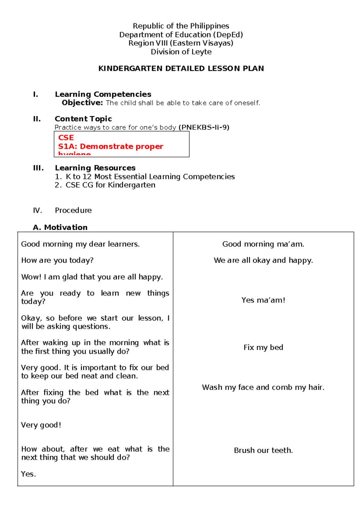 KINDERGARTEN DETAILED LESSON PLAN: Caring for Oneself - Studocu