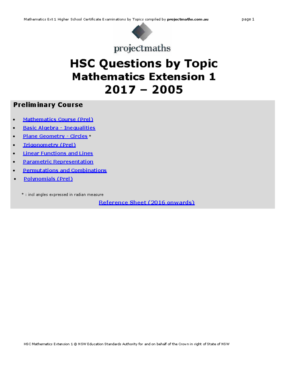 Mathematics Ext 1 HSC Exam Topics Compilation (2017-2005) - Studocu