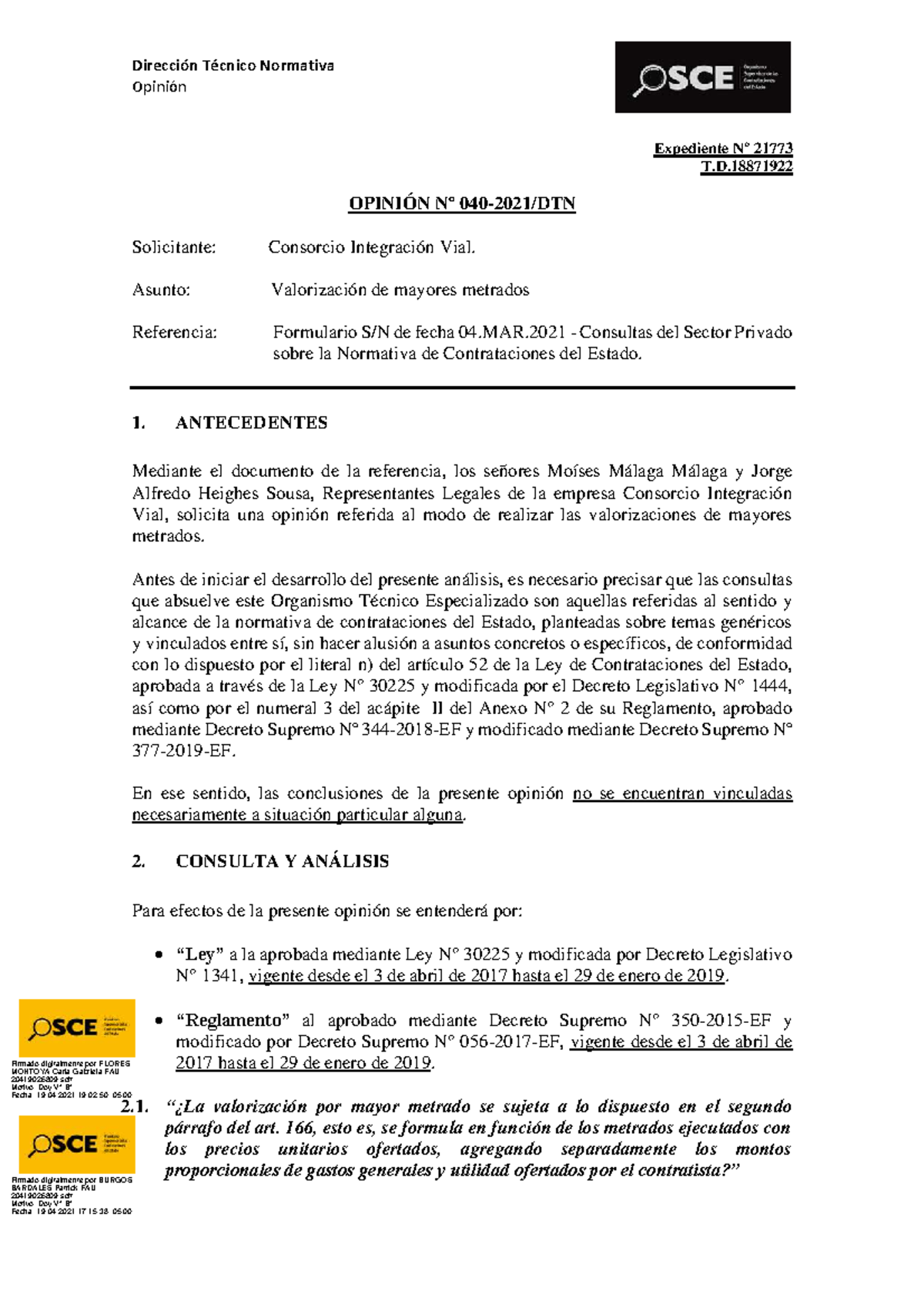 Opinión Técnica OSCE 040-2021: Valorización de Mayores Metrados - Studocu