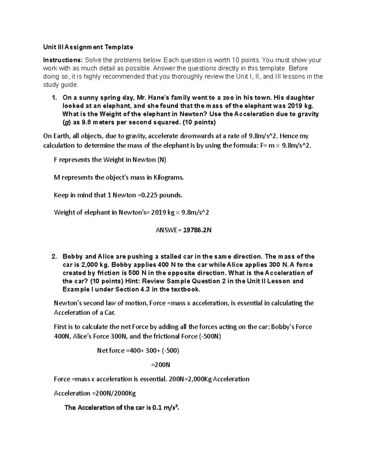 Unit III Physics Assignment Problems: Weight, Force, and Energy Calculations - Studocu