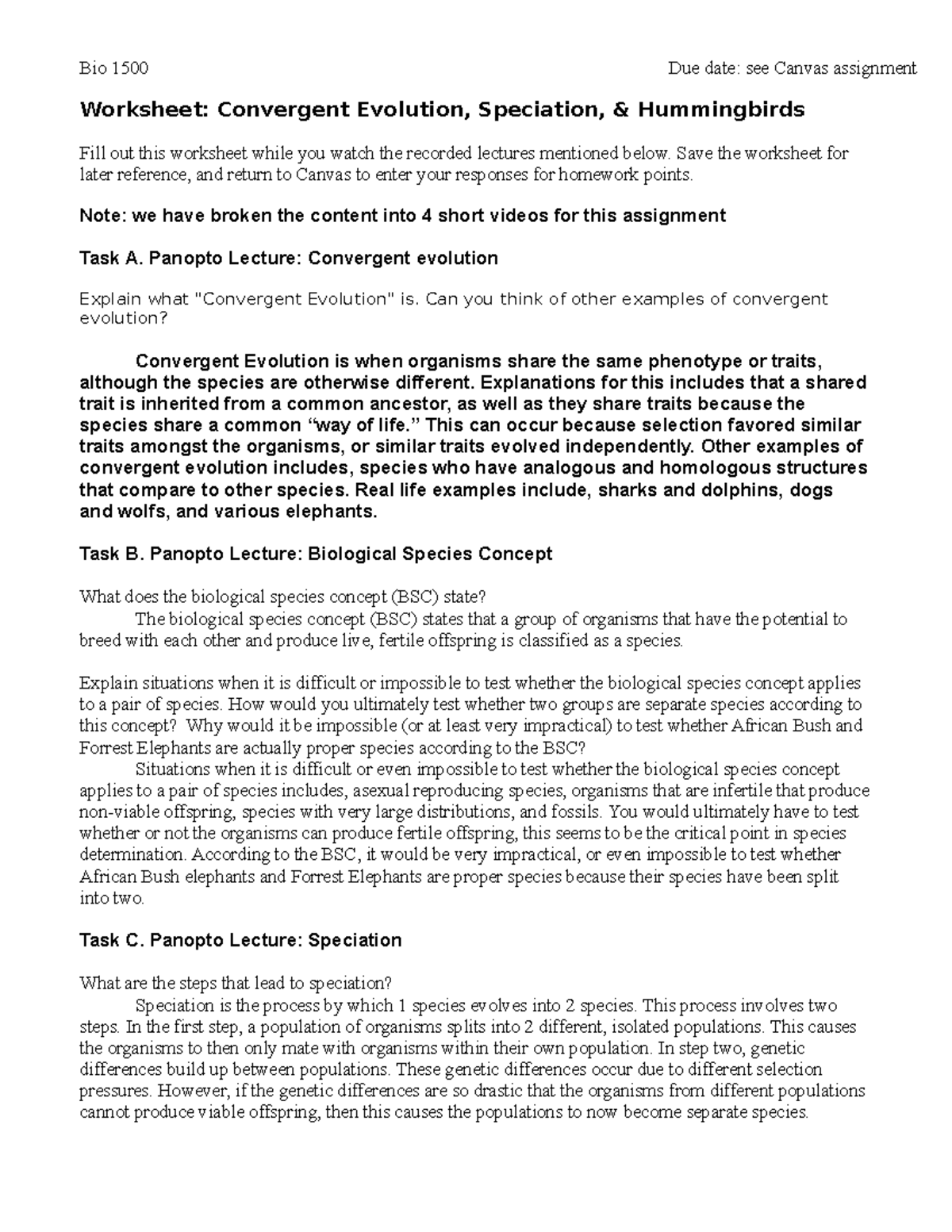 Bio 1500 Worksheet: Convergent Evolution & Speciation in Hummingbirds ...