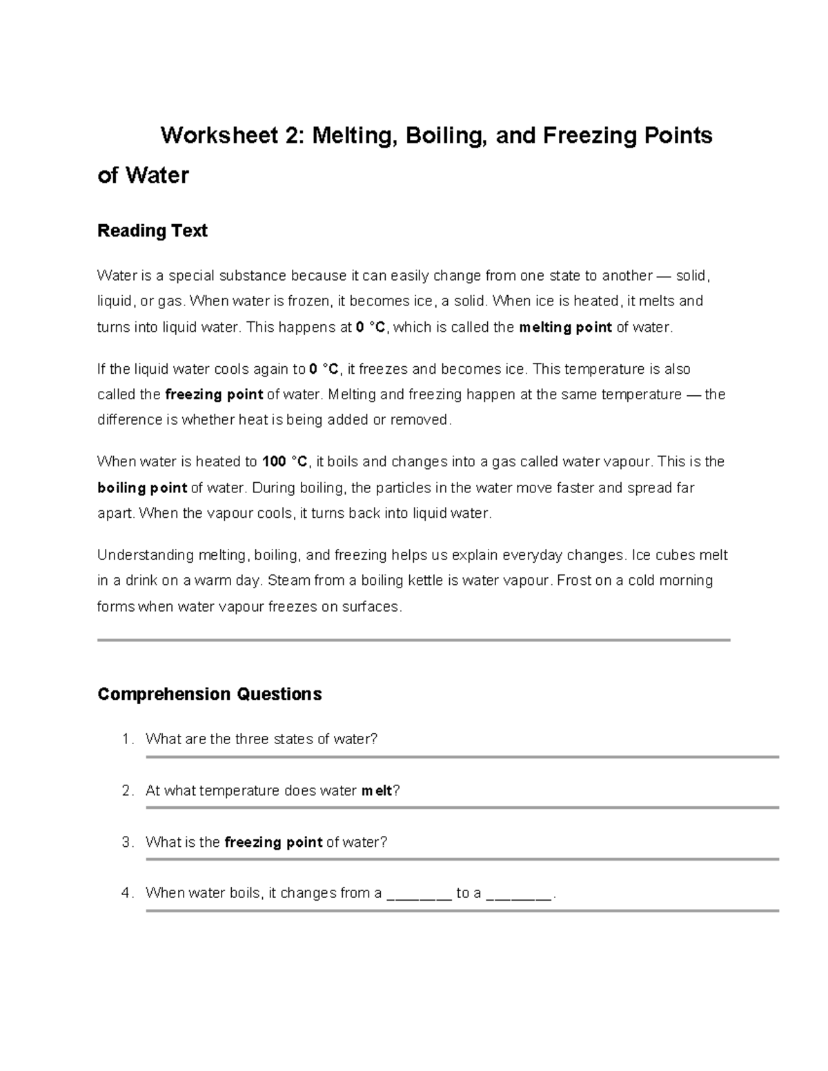 Worksheet 2: Melting, Boiling, and Freezing Points of Water - Studocu