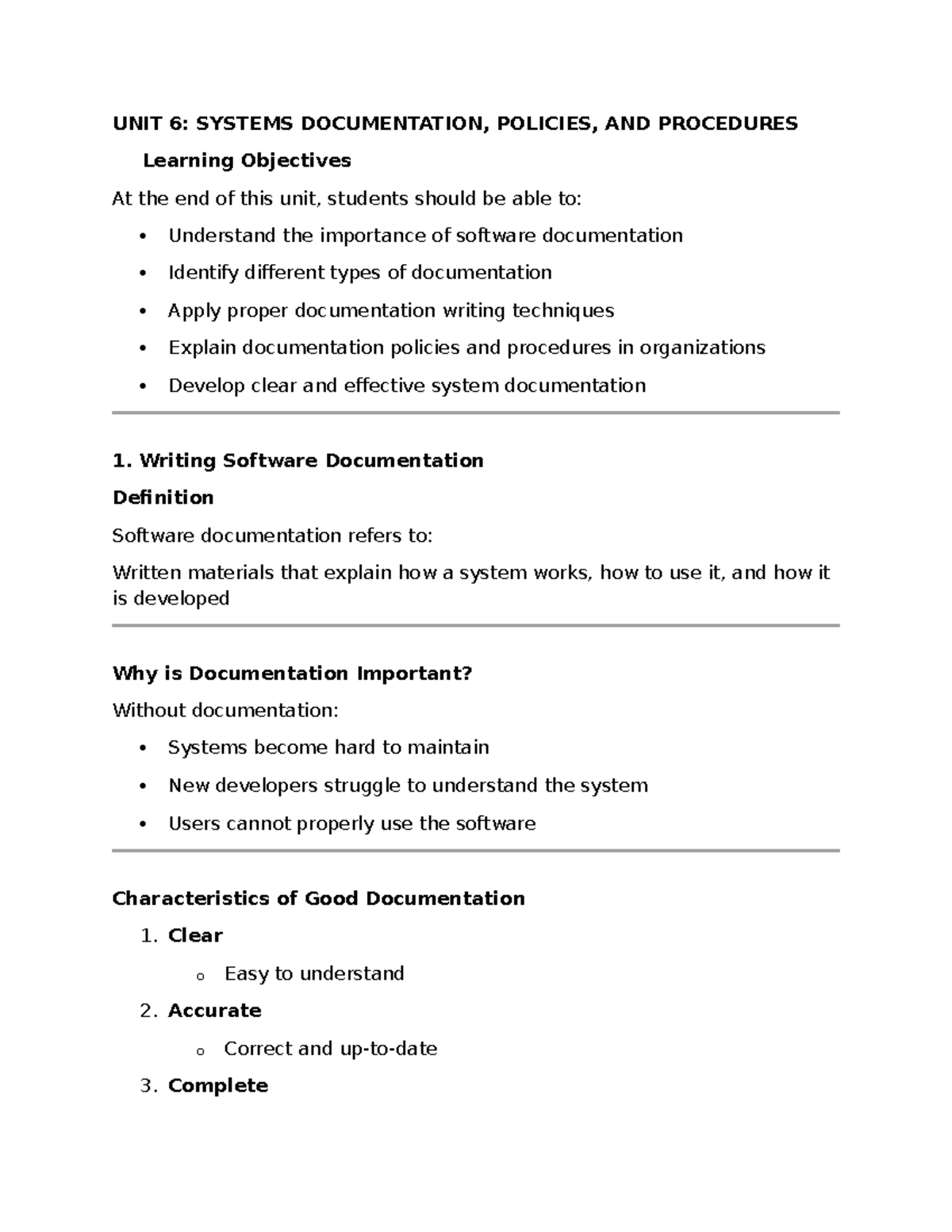 UNIT 6: Systems Documentation, Policies, and Procedures Overview - Studocu