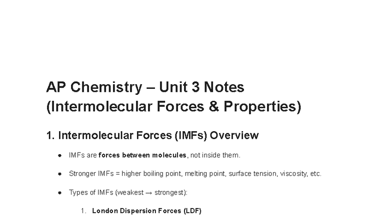 Ap Chem Unit 3 Notes Intermolecular Forces And Properties Studocu