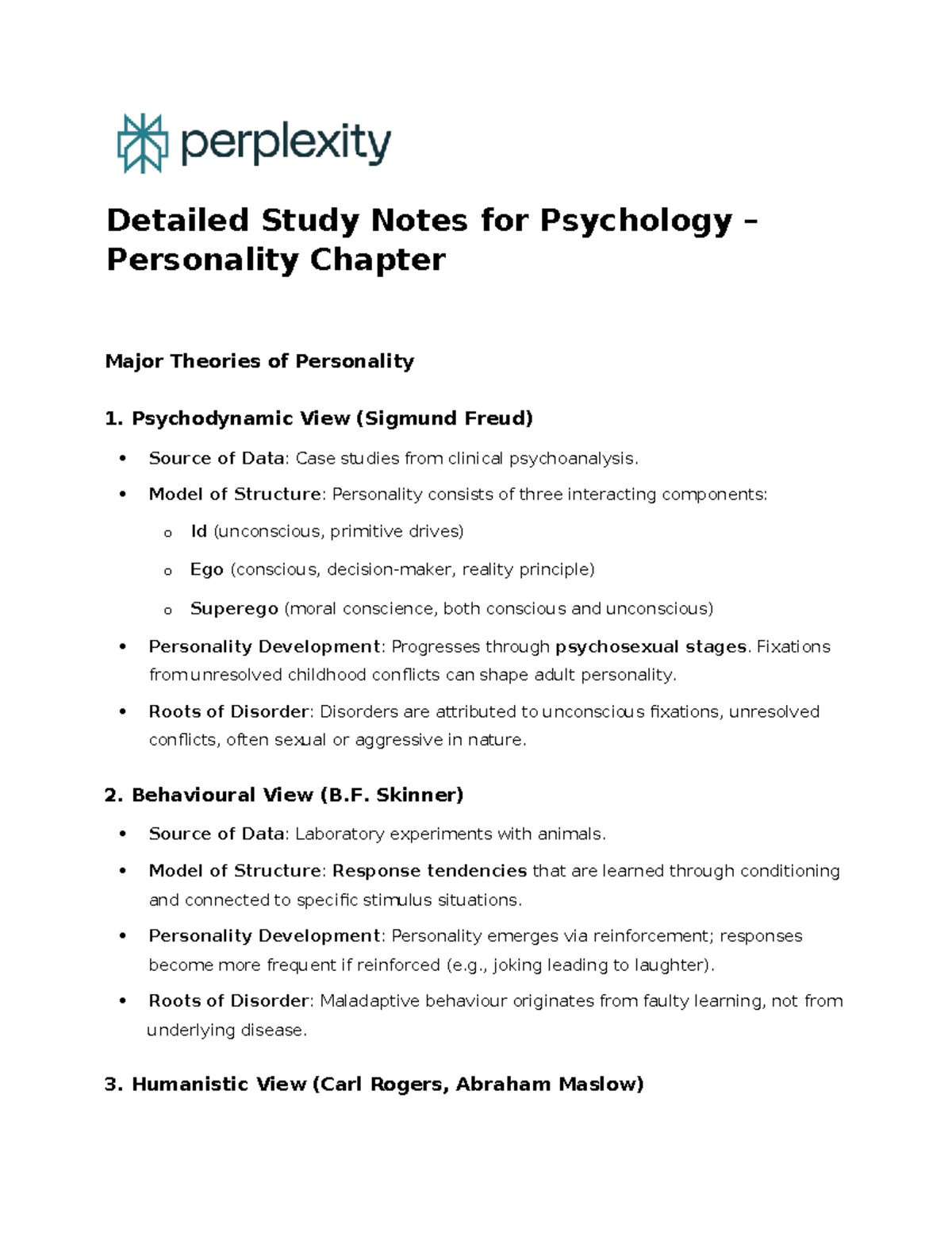 Psychology 101: Detailed Study Notes on Personality Theories - Studocu
