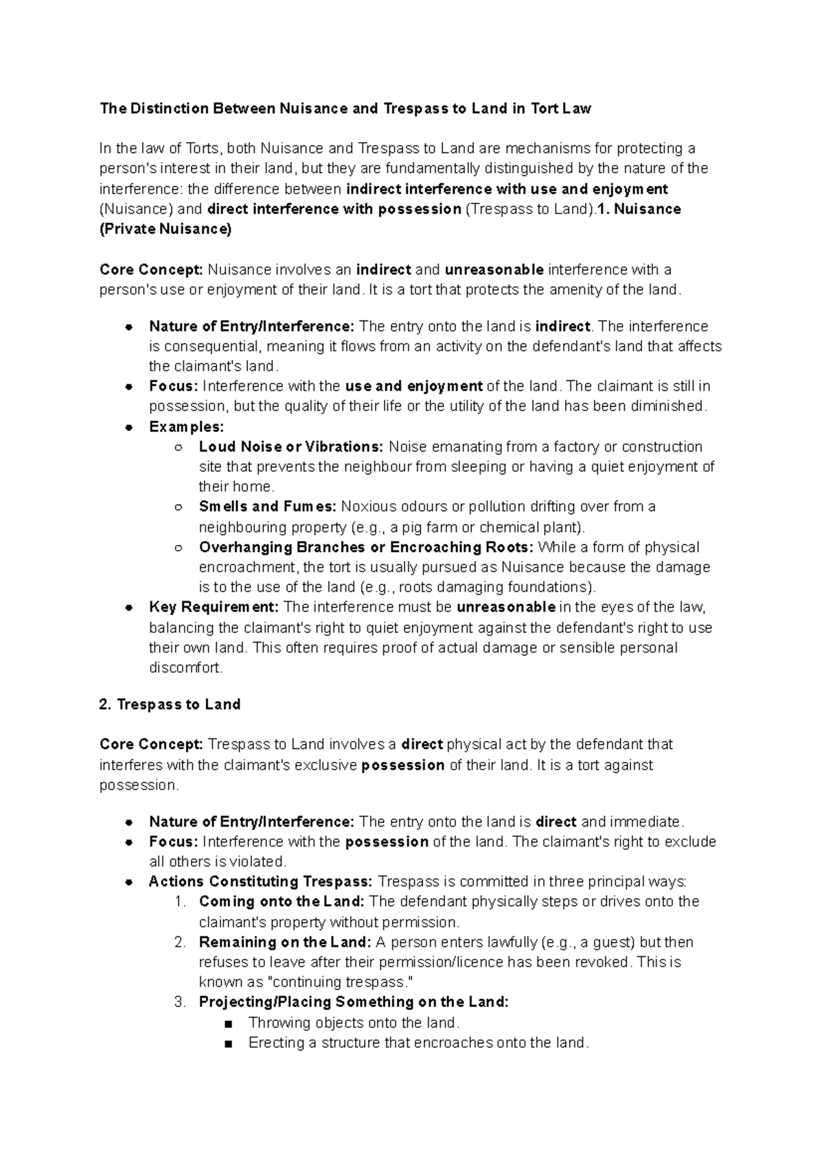 Tort 2 - Distinction Between Nuisance and Trespass to Land - Studocu