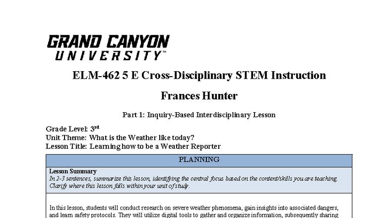 ELM 462 RS T5 Interdisciplinary STEM Lesson: Weather Reporting for 3rd ...