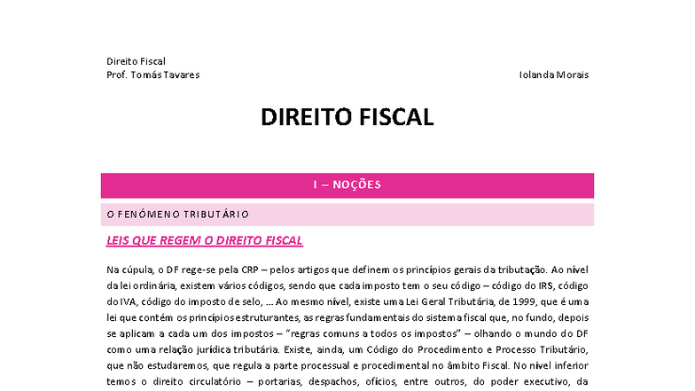 Direito Fiscal I - Noções e Princípios Fundamentais (Fiscal - IO) - Studocu