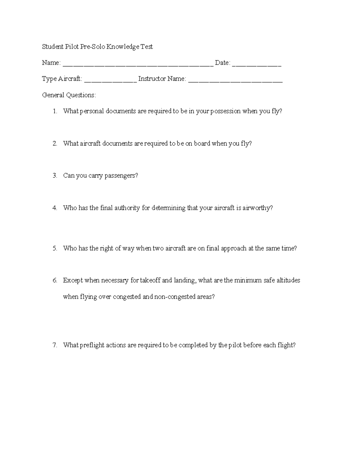 Pre-Solo Knowledge Test (KT) for Student Pilots: Essential Questions ...