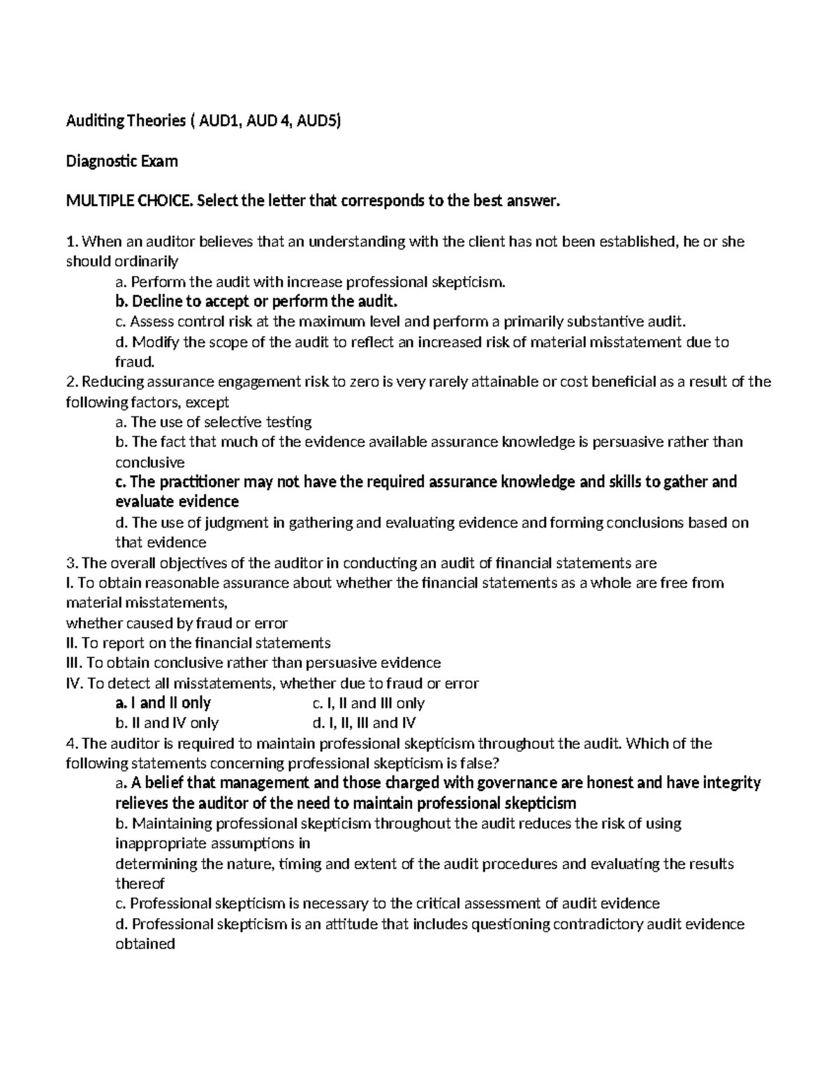 Diagnostic Exam Answer Key for Auditing Theories (AUD1, AUD4, AUD5 ...