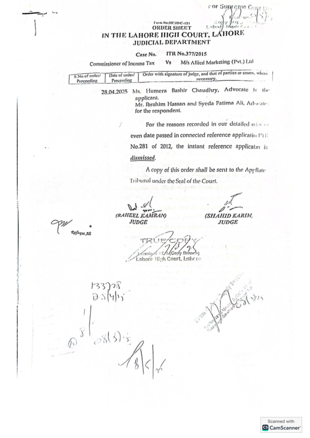 LHC Case No. ITR vs Allied Marketing: Order Sheet Analysis - Studocu