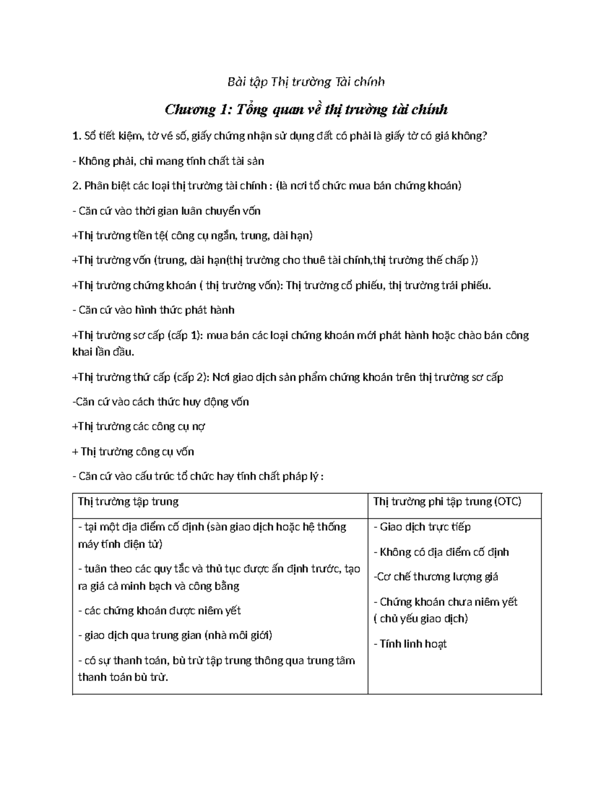 Bài tập Thị trường Tài chính Chương 1: Tổng quan về TTTC - Studocu