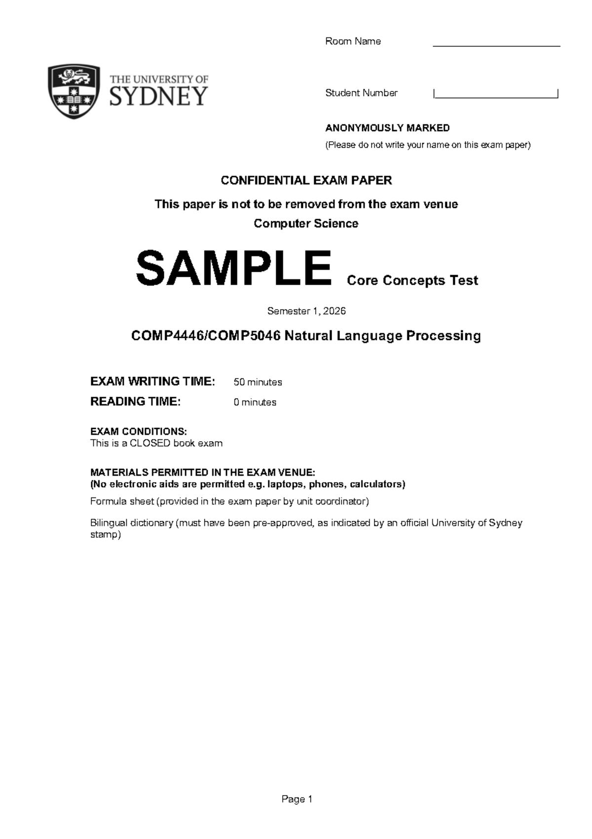 COMP 5046 Natural Language Processing Core Concepts Test Sample - Studocu