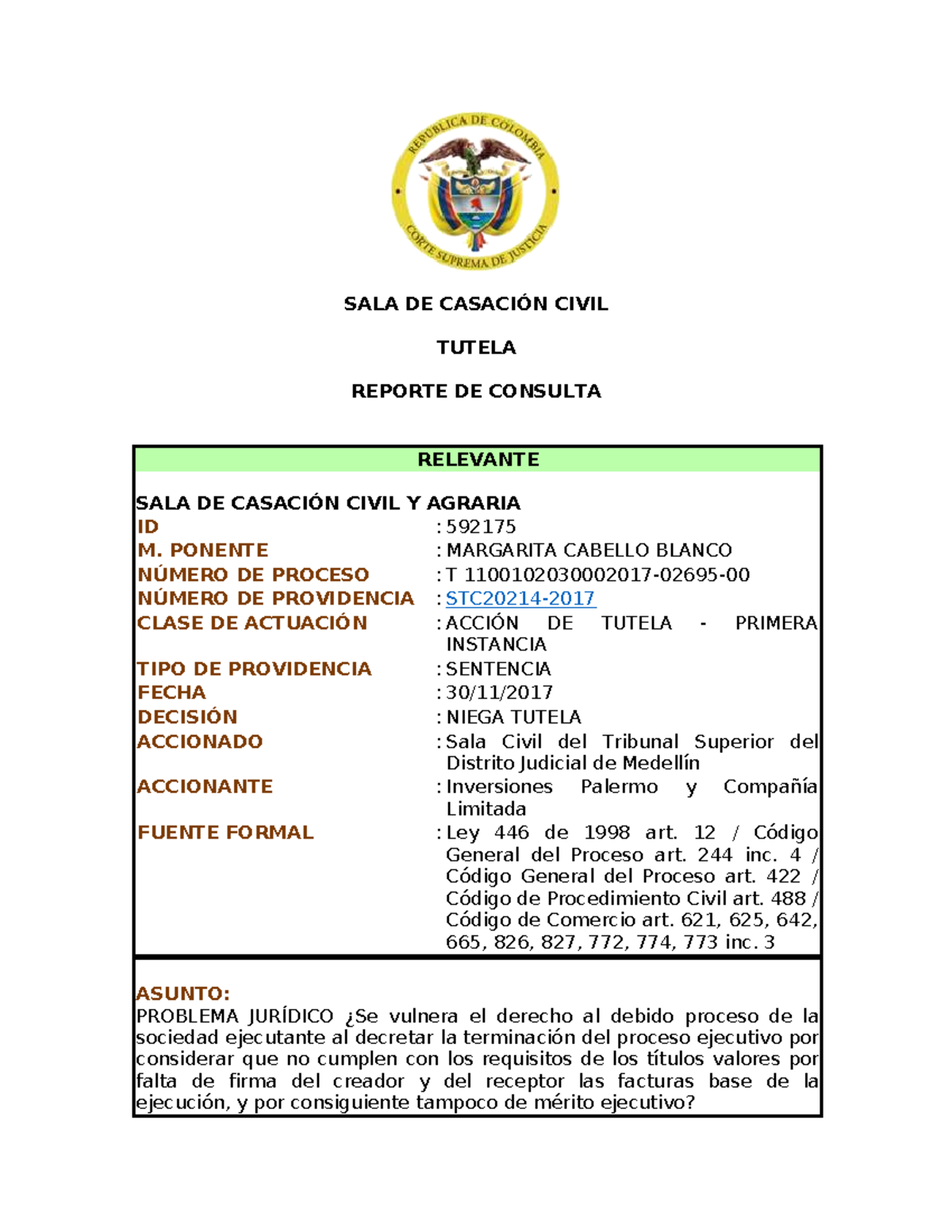 SALA DE CASACIÓN CIVIL TUTELA: ANÁLISIS DE SENTENCIA Y REQUISITOS - Studocu