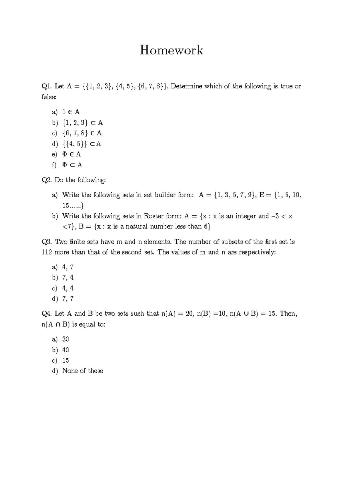Homework Q1-Q4: Set Theory Questions and Solutions - Studocu