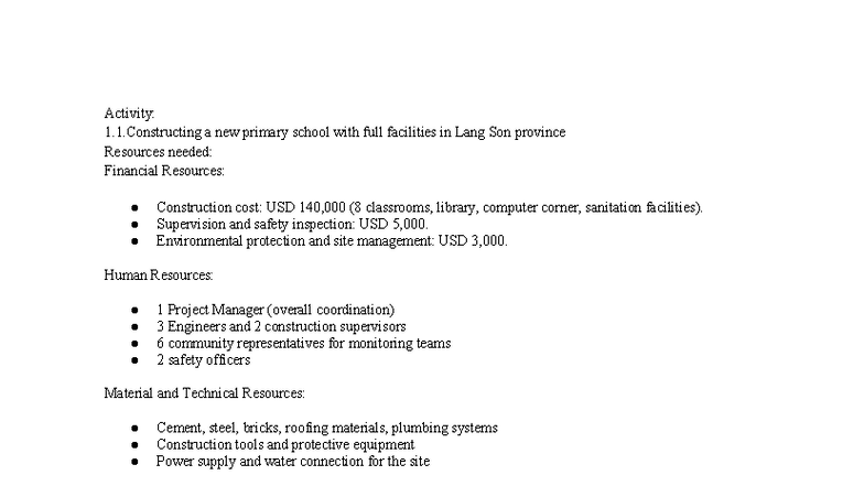 Activity 1.1: Resource Requirements for New Primary School Construction ...