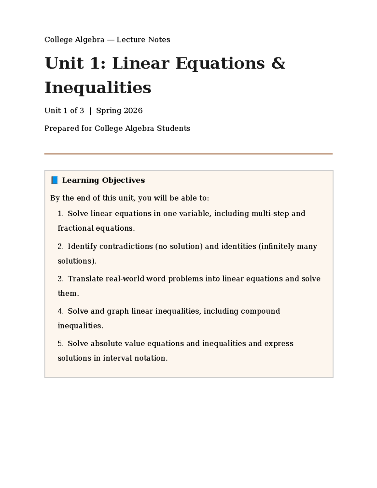 College Algebra Lecture Notes - Unit 1: Linear Equations & Inequalities ...