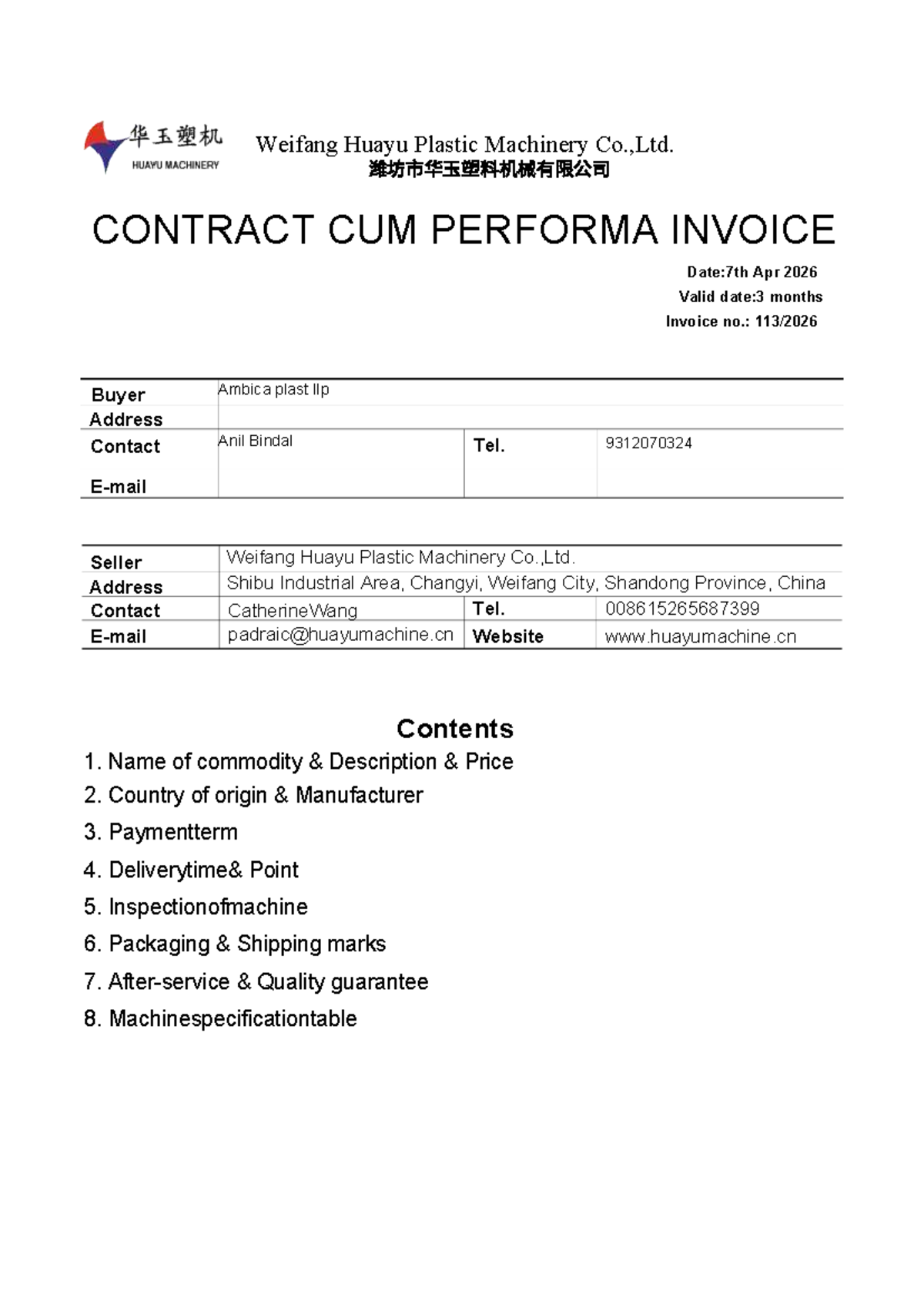 Weifang Huayu Plastic Machinery Co., Ltd. Contract & Proforma Invoice ...