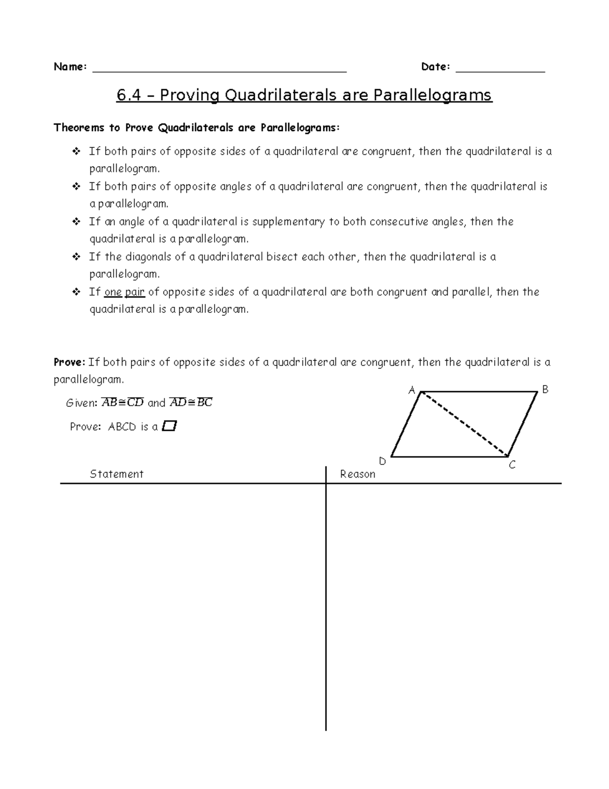 6.4 - Proving Quadrilaterals are Parallelograms: Key Theorems & Proofs ...