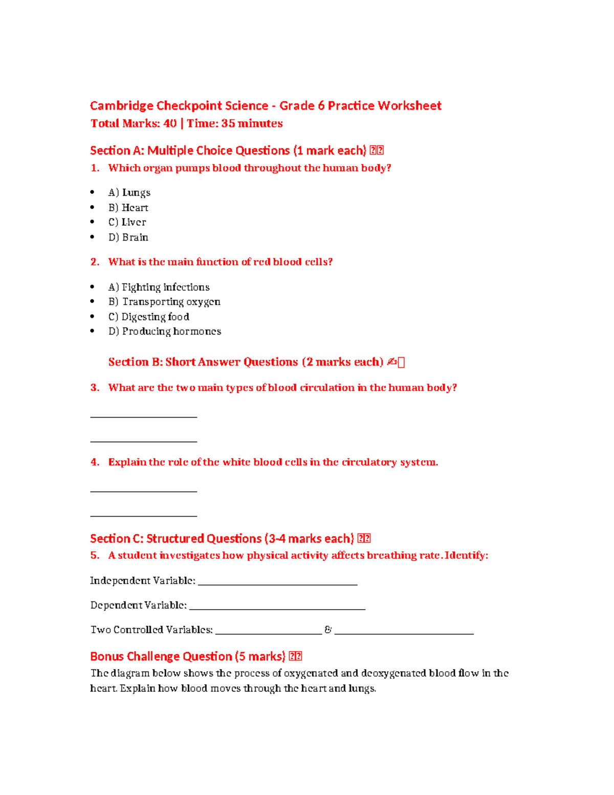 Checkpoint Science Grade 6 Practice Worksheet: Circulatory System - Studocu
