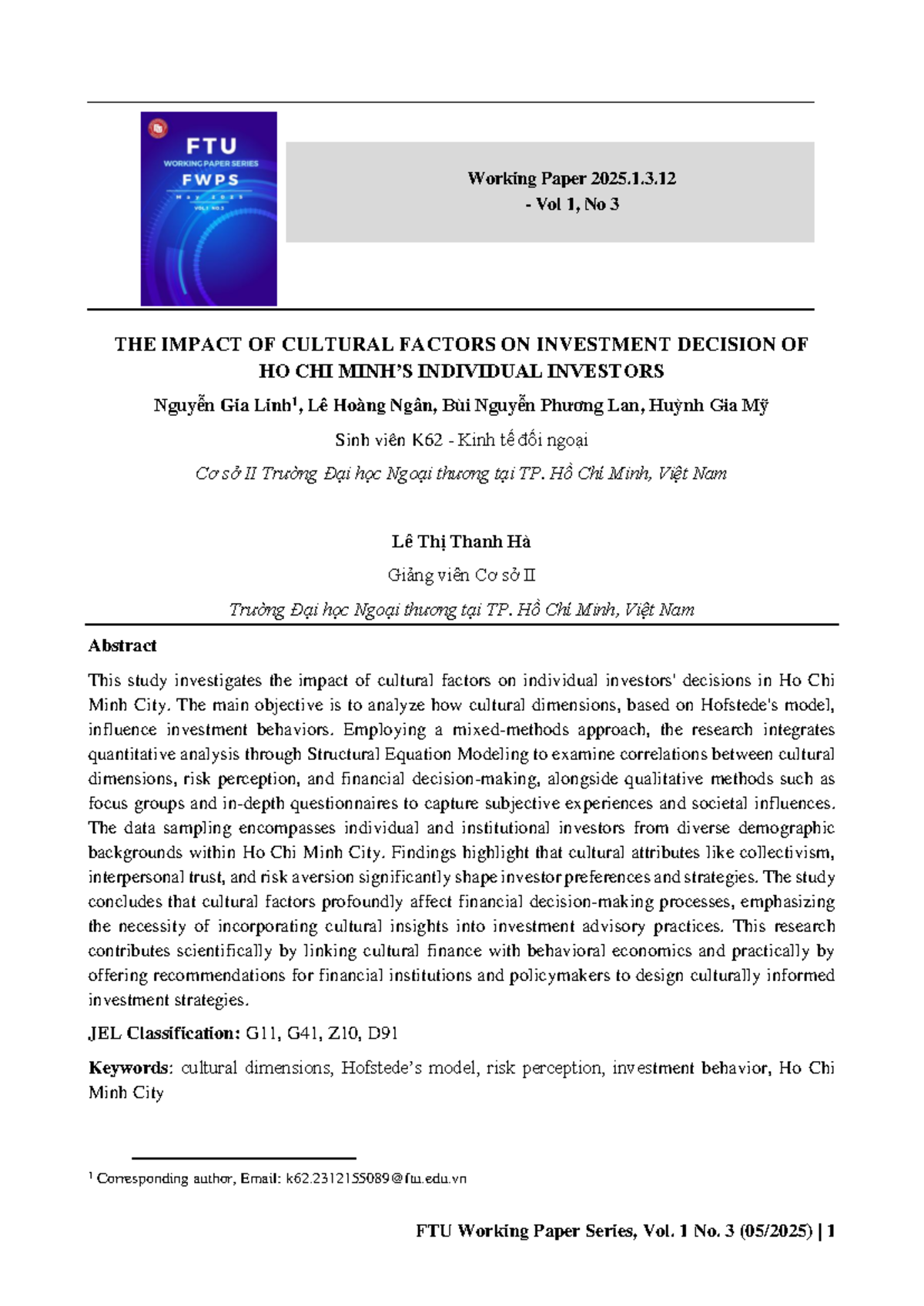 FTU Working Paper Series: Cultural Factors Impacting Investment ...