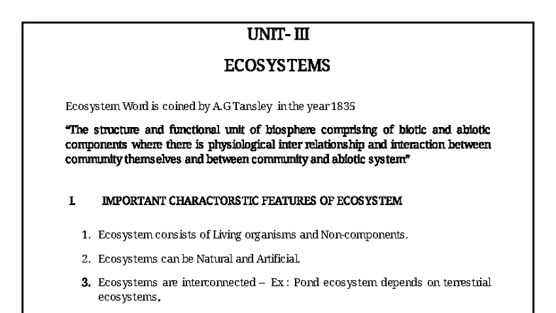 Ecosystem Insights: Important Features and Types (Course Code: UNI I I ...