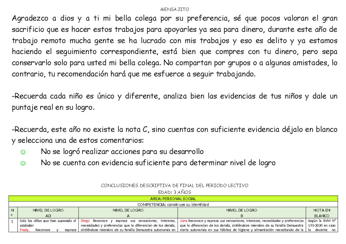 Conclusiones Descriptivas de Logro - 3 AÑOS (DEL) - Studocu