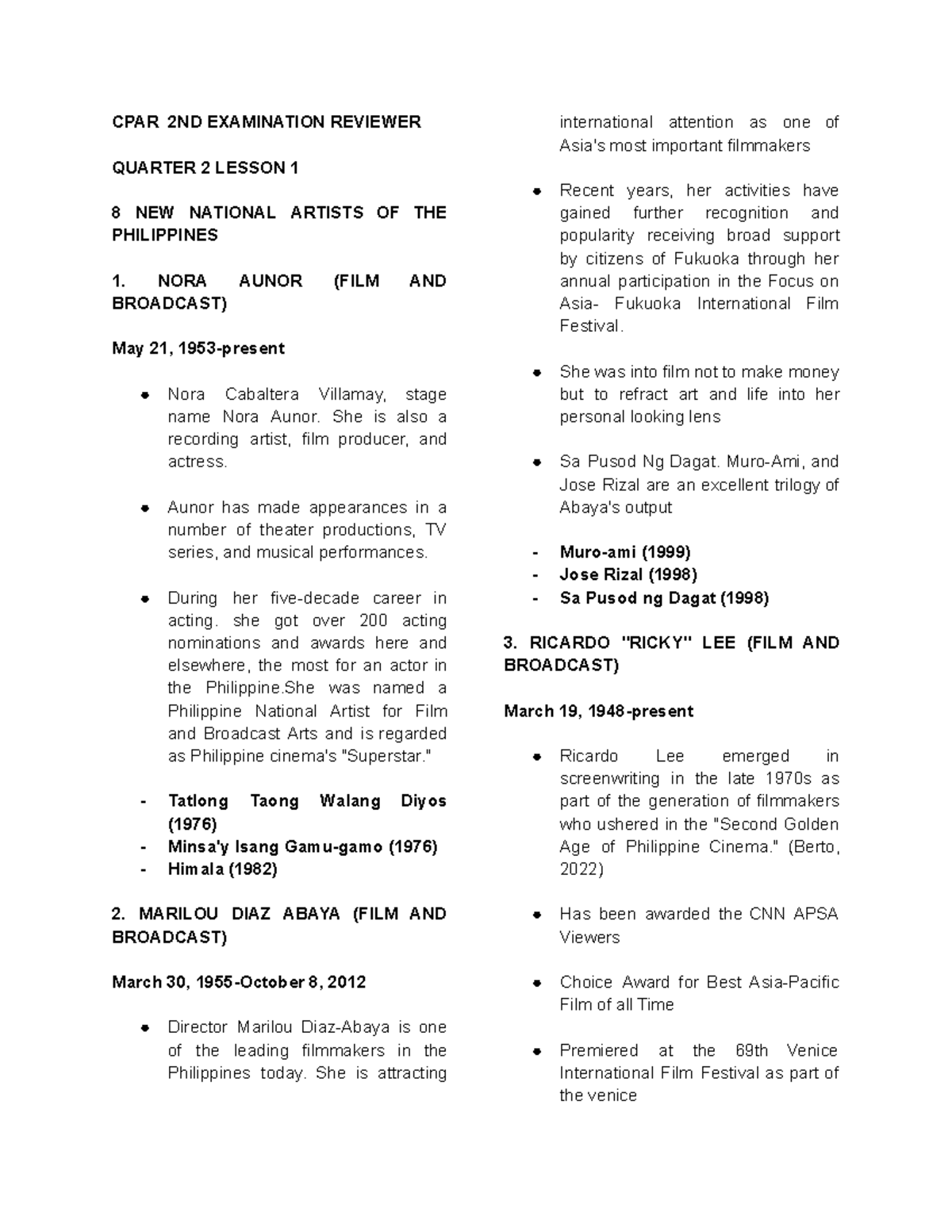 CPAR 2ND Exam Reviewer: Key Insights on 8 National Artists of PH - Studocu