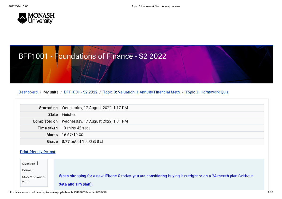 Topic 3 Homework Quiz Attempt review - Dashboard / My units/ BFF1001 ...