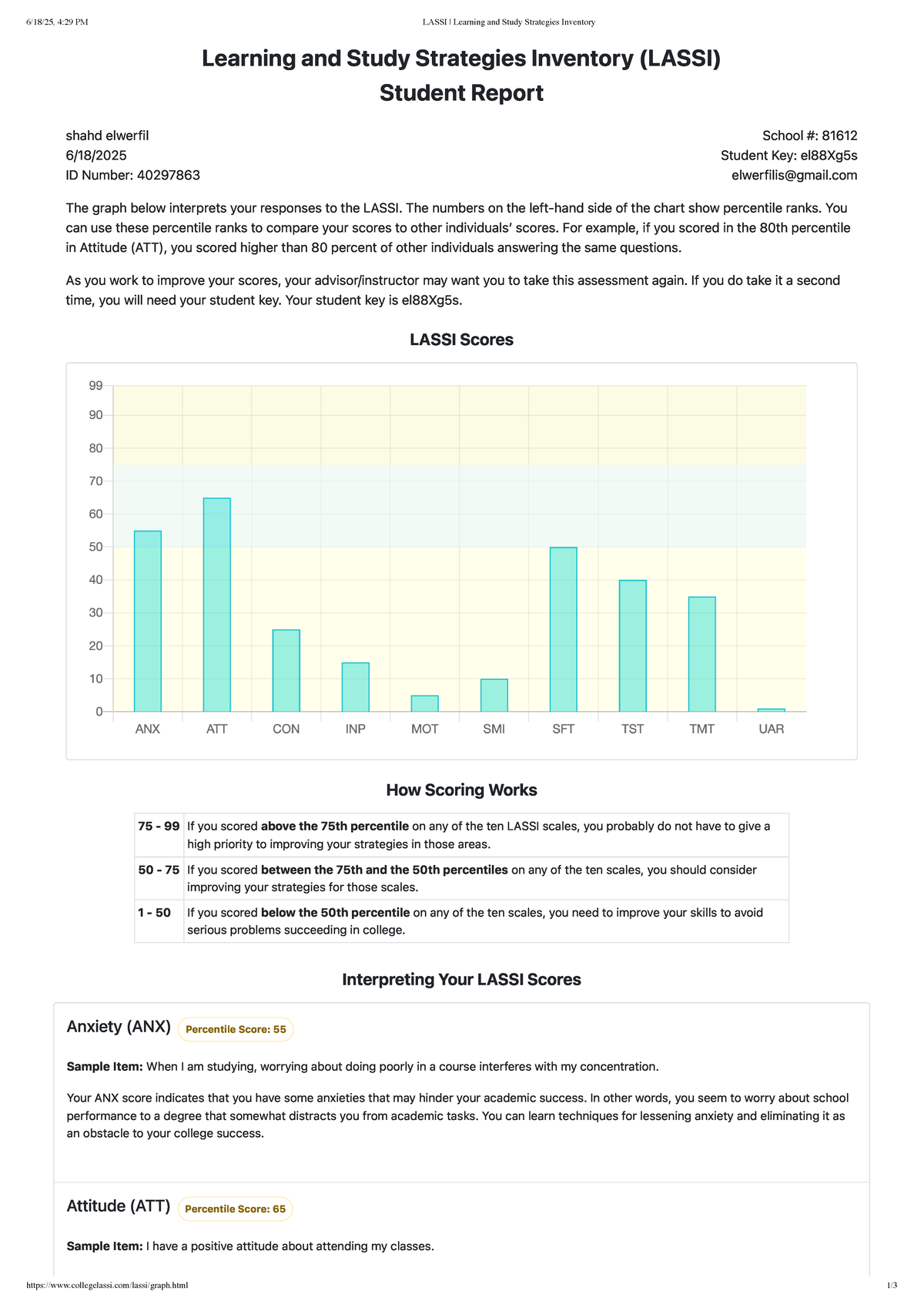 LASSI Student Report: Learning & Study Strategies Analysis - Studocu