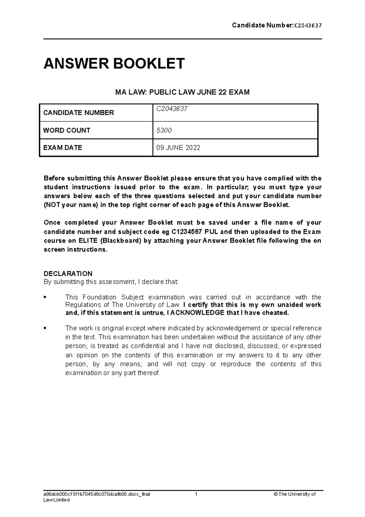 C2043637 - Public Law Exam Answer Booklet - June 2022 - Studocu