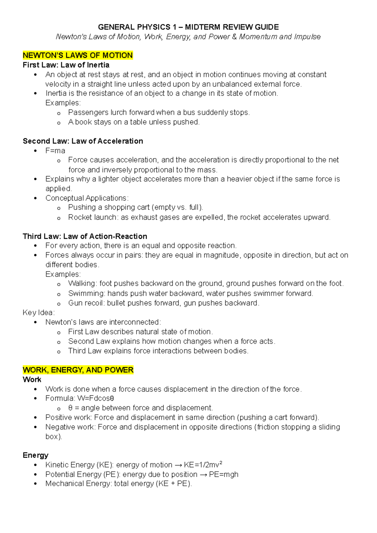 PHYS 101 MIDTERM REVIEW: Motion, Work, Energy & Power Concepts - Studocu