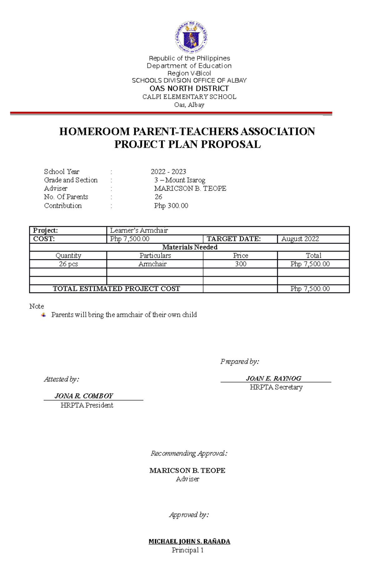 HRPTA Project Proposal and Accomplishment Report for SY 2022-2023 - Studocu