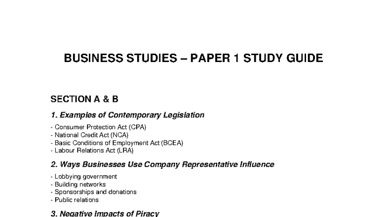 BUSINESS STUDIES 101: PAPER 1 STUDY GUIDE & KEY CONCEPTS - Studocu