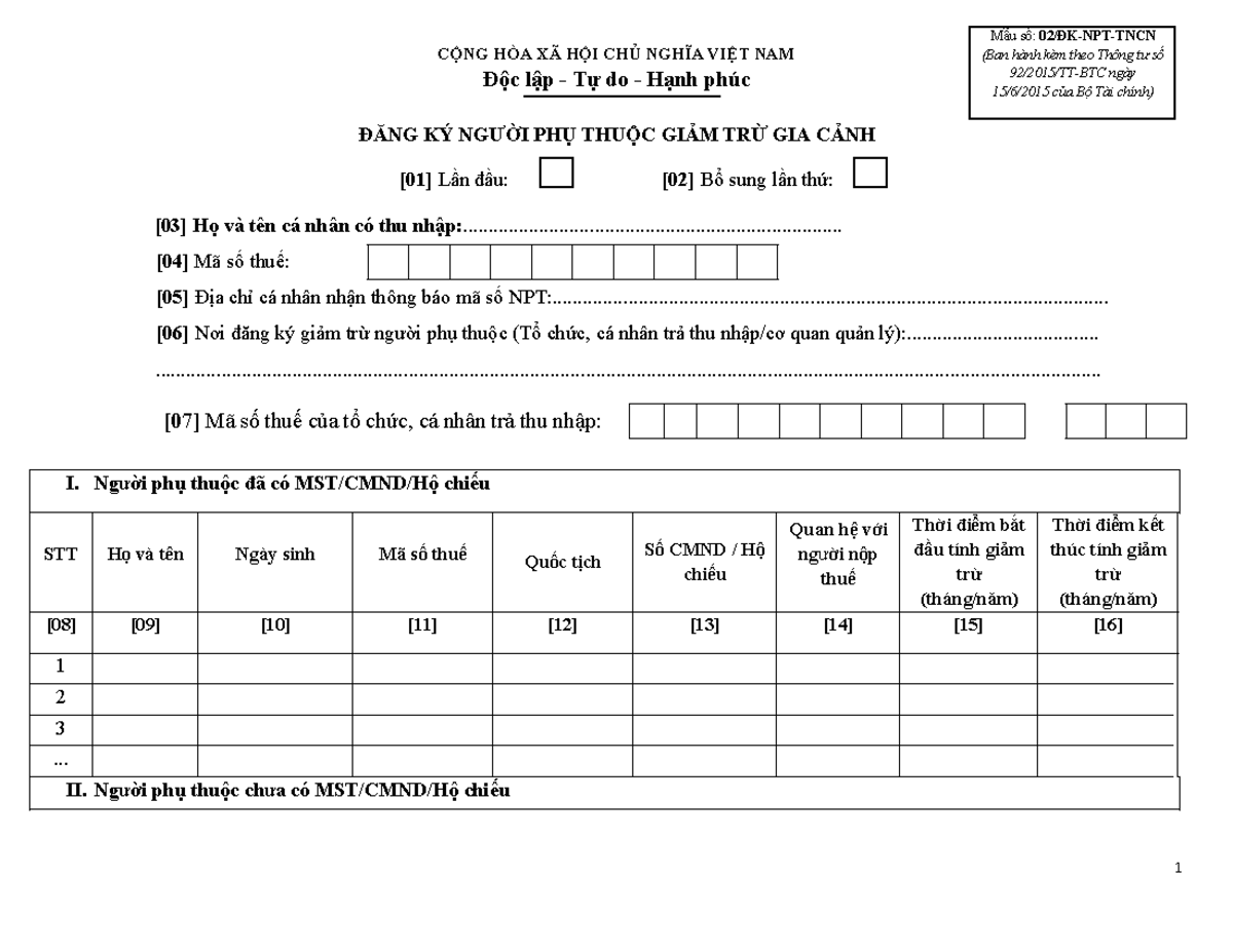 To khai dang ky nguoi phu thuoc Mau 02 DK NPT TNCN - 1 CỘNG HÒA XÃ HỘI ...
