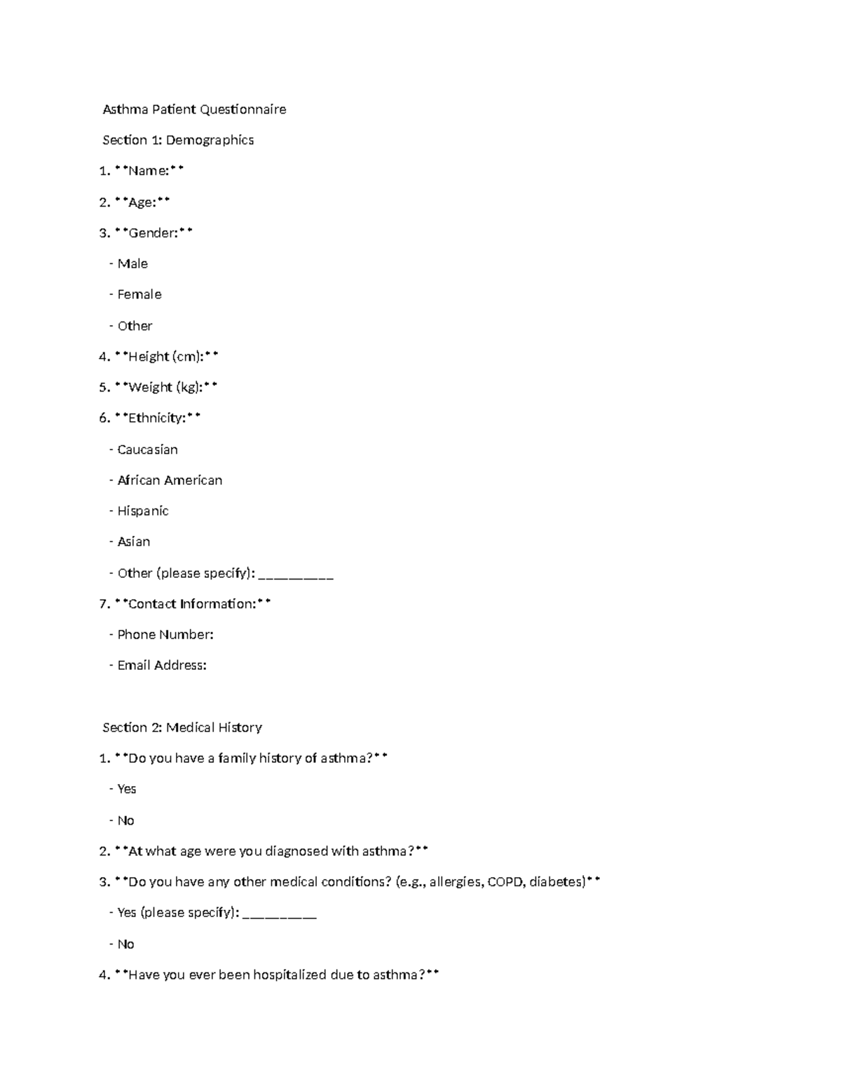 Asthma Patient Questionnaire: Medical History & Symptoms Assessment ...