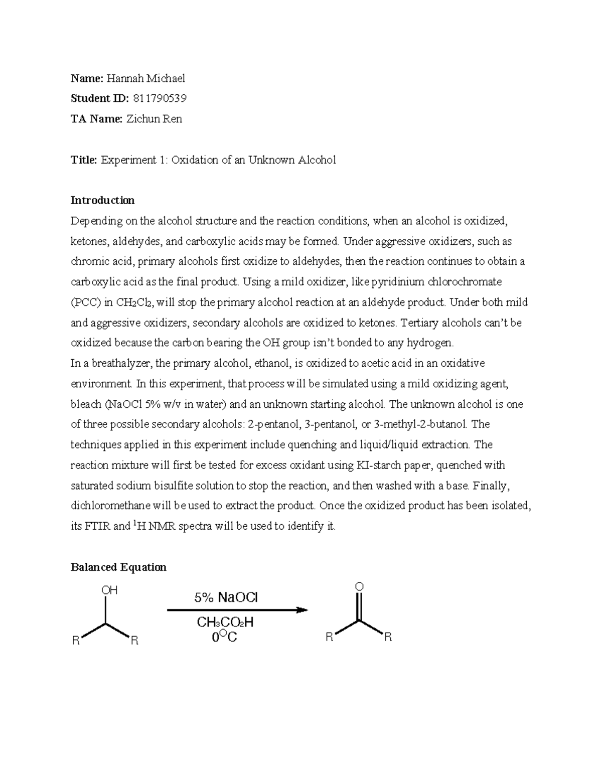 CHEM 2212 Experiment 1 Oxidation of Unknown Alcohol Pre- Lab Report ...