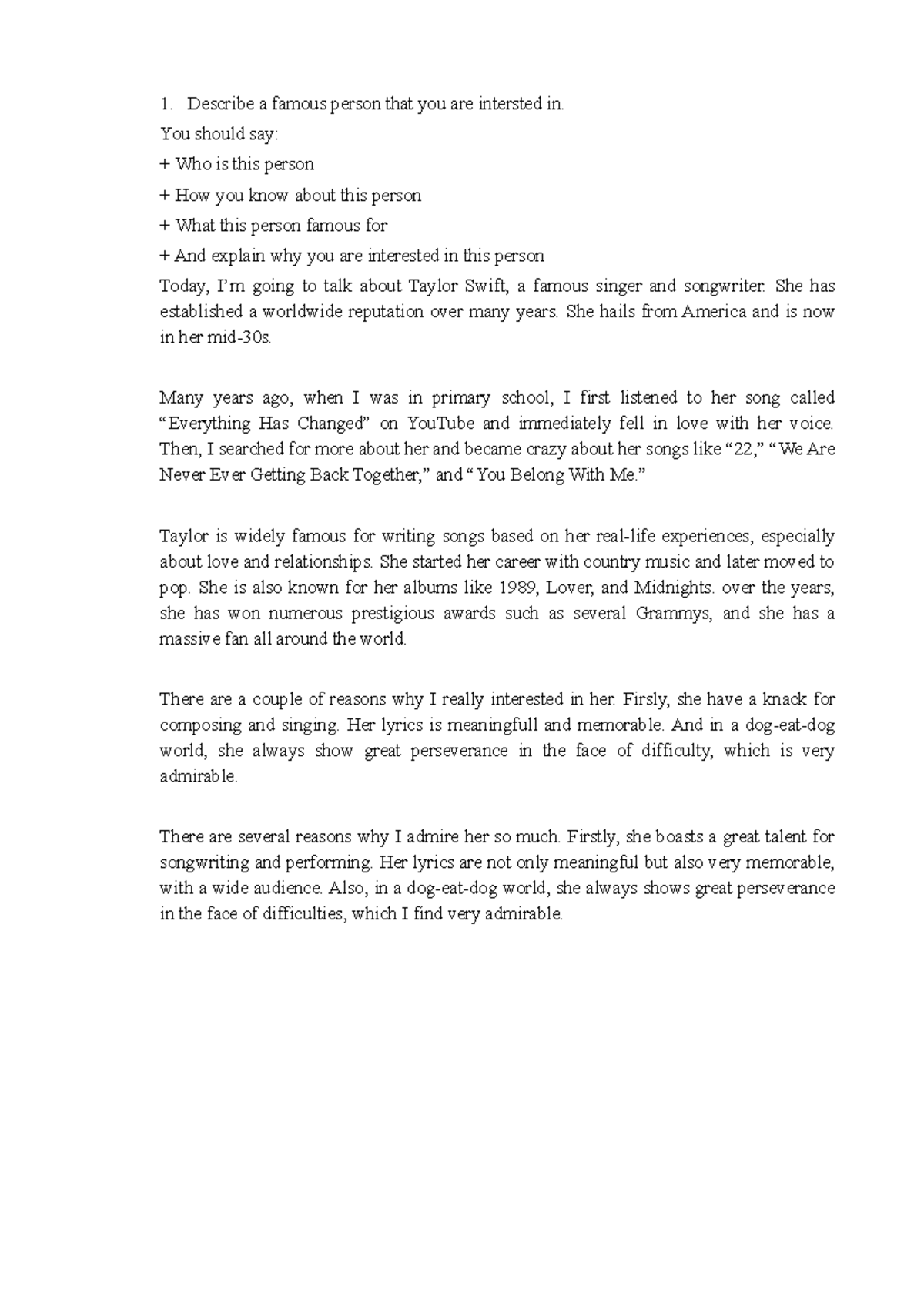 Famous Person Essay: Taylor Swift's Impact and Influence - Studocu