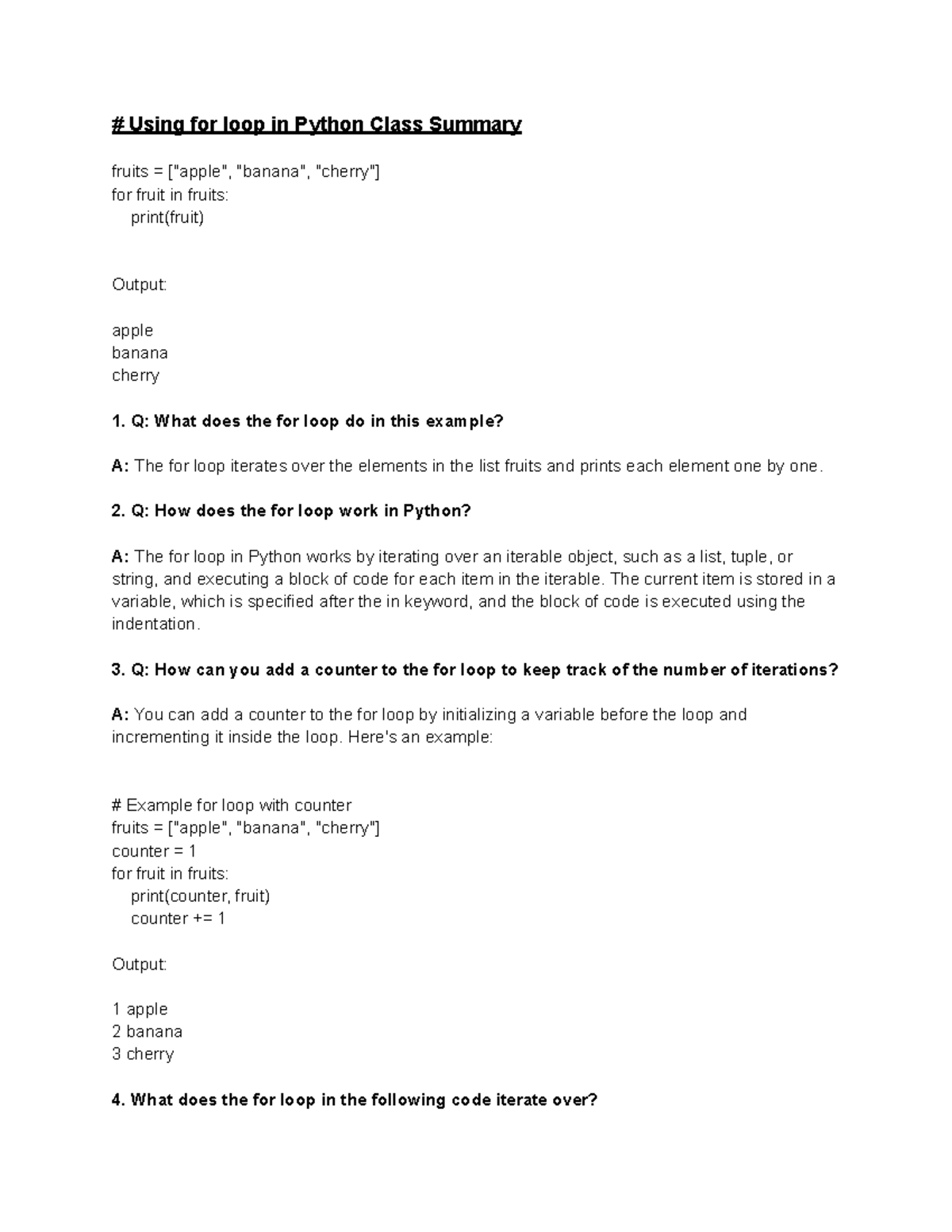 Using for loop in Python Class Summary - Q: How does the for loop work ...
