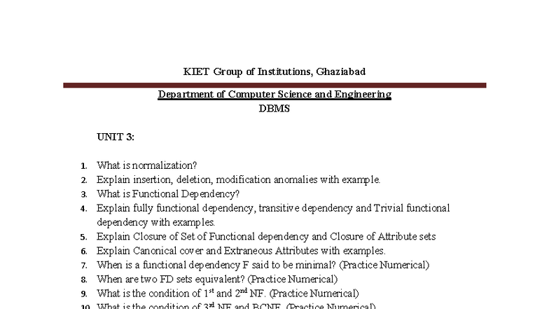 DBMS Unit 3-5: Normalization & Functional Dependencies Q&A - Studocu